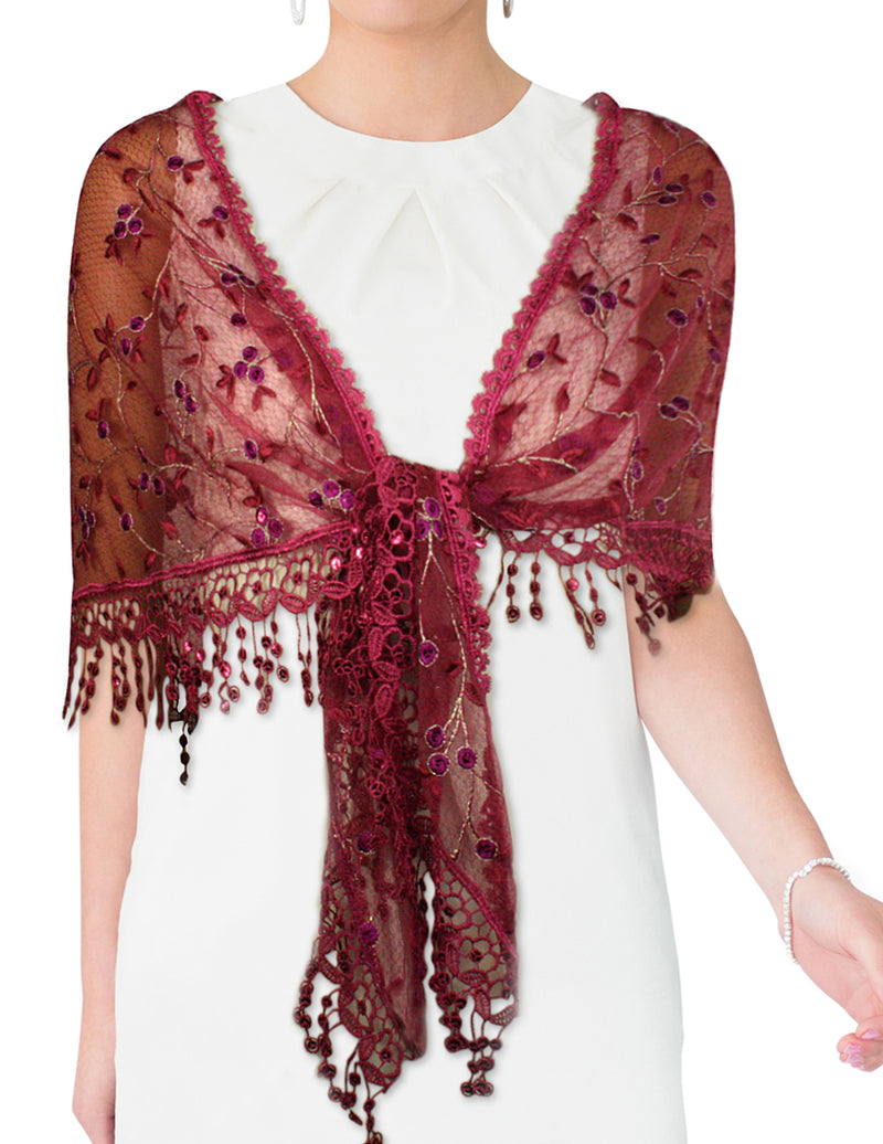 Dahlia Hand Embroidered Lace Small Vine Flowers Beaded Triangle Scarf